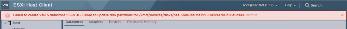 Creating Vmfs Datastore Fails With Failed To Update Disk Partitions For Vmfsdevicesdisks